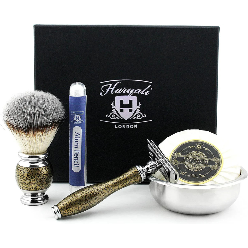 Buy 5 Pc Antique Gold Shaving Kit for Men | DE Razor Set – HARYALI LONDON